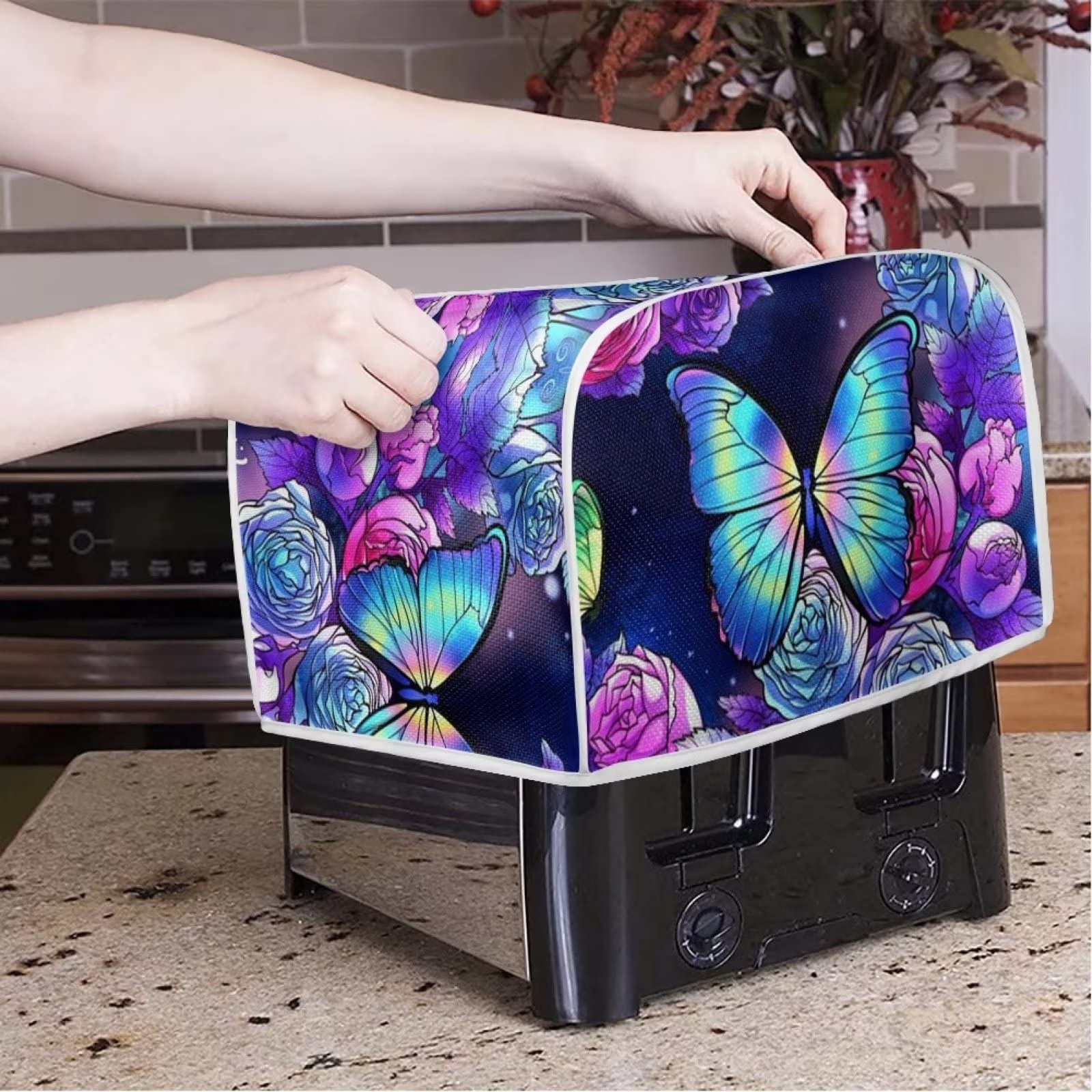 Upetstory 4 Slice Rose Butterfly Toaster Cover Kitchen Medium Appliance Cover with Handle,Dustproof Fingerprint Protection,Machine Washable