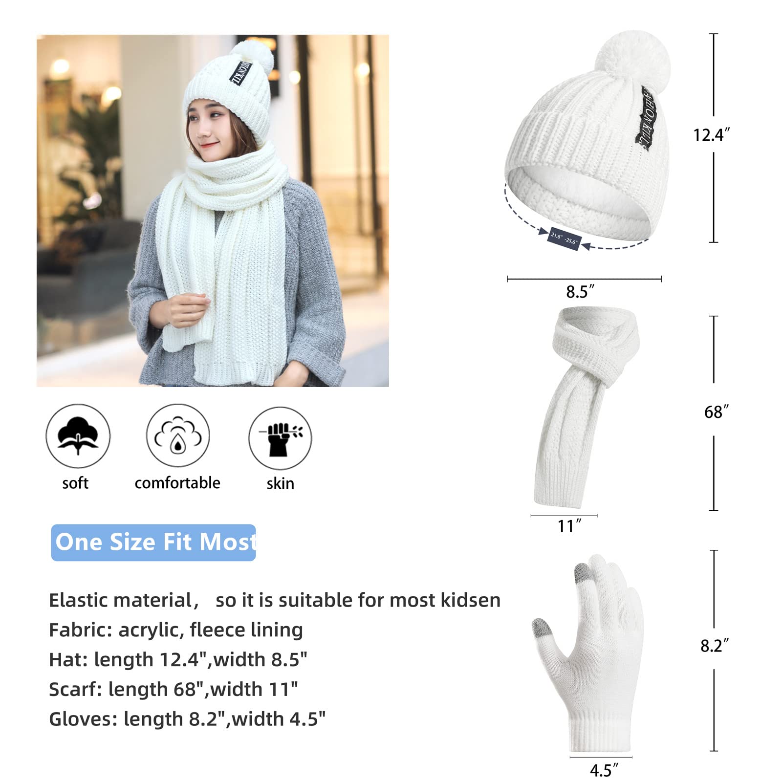 Yvechus 3 in 1 Winter Beanie Hat Scarf and Gloves Set Warm Knit Hat Thick Fleece Lined for Women (J White)