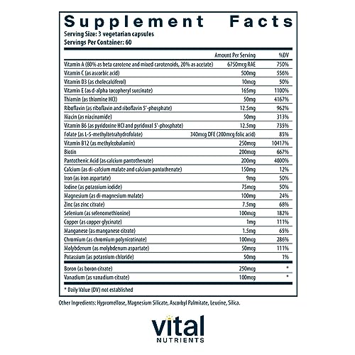 Vital Nutrients - Multi-Nutrients with Iron and Iodine - Comprehensive Multi-Vitamin/Mineral Formula Containing Iron and Iodine - 180 Vegetarian Capsules per Bottle