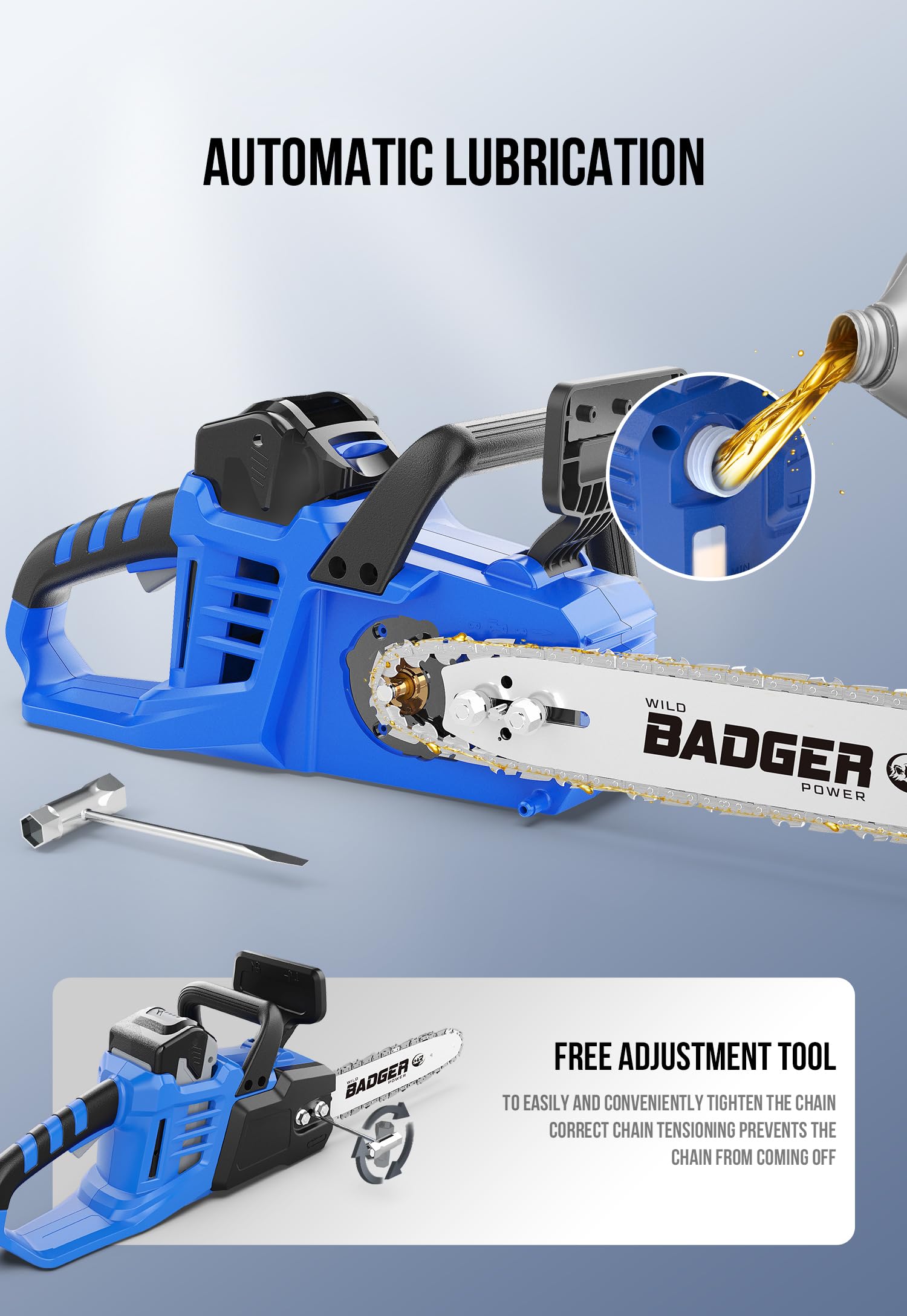 WILD BADGER POWER Electric Chainsaw Cordless 40V 16" Brushless, 4.0 Ah Battery and Charger, Smart Cut technology, Efficient cutting, Safe and Reliable, Great for Tree Felling, Storm Clean-Up, Pruning