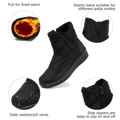 TEMOFON Waterproof Snow Boots for Women: Winter Slip On Booties Black Size 8 with Warm Furry Lined Short Boot Comfy Outdoor Ankle Boot