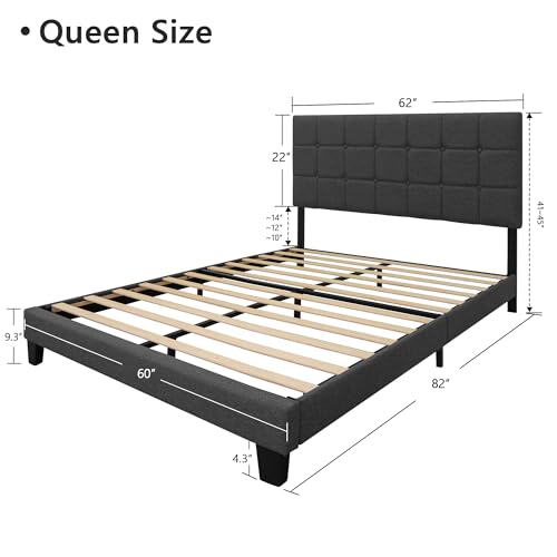 Upholstered Bed Frame Queen, Adjustable Linen Headboard and Solid Wood Slats Support, Heavy Duty Steel Mattress Foundation, Easy Assembly, Noise Free, No Box Spring, Grey