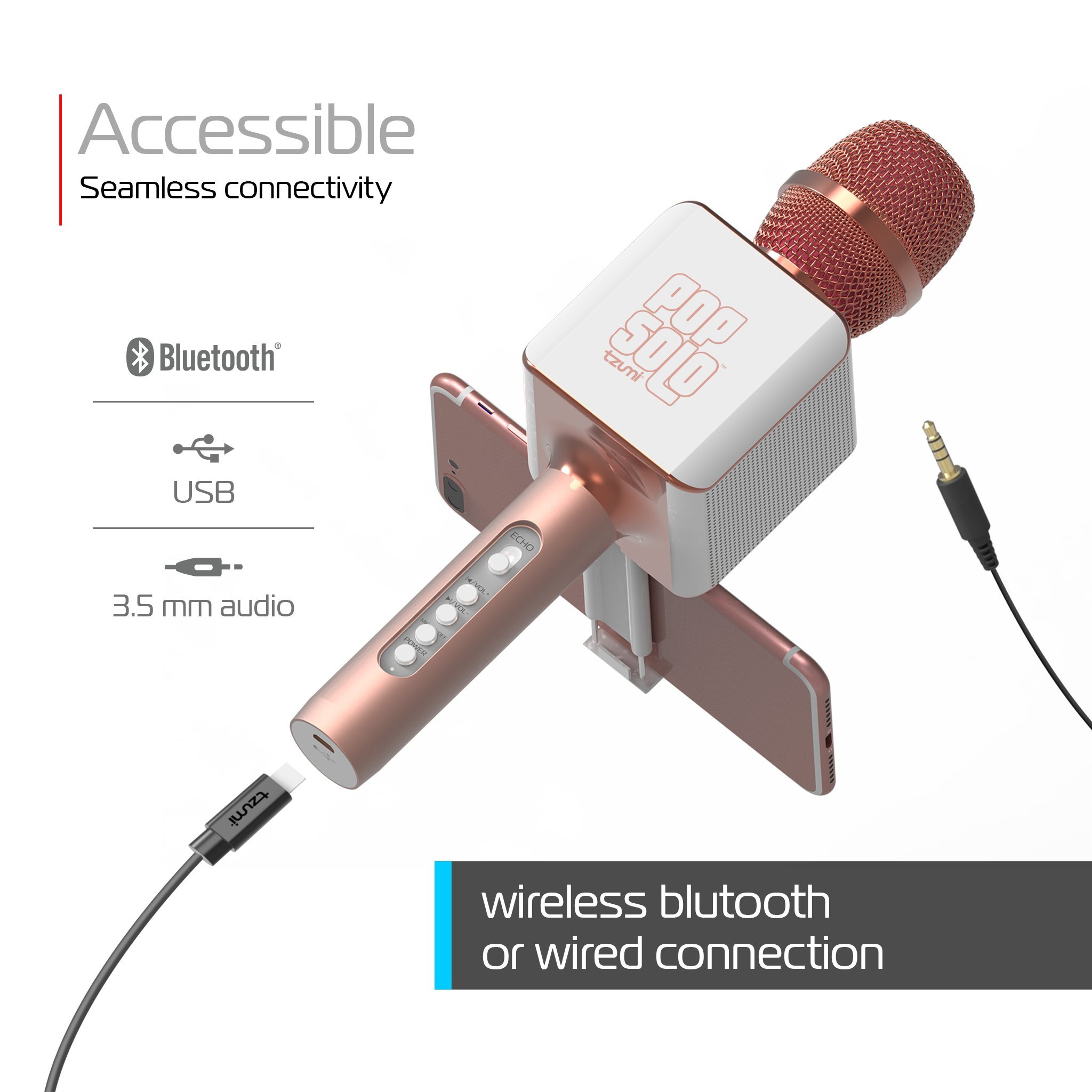 Tzumi PopSolo Professional Bluetooth Karaoke Microphone and Voice Mixer with Smartphone Holder β Great for Kids and Parties β Rose Gold
