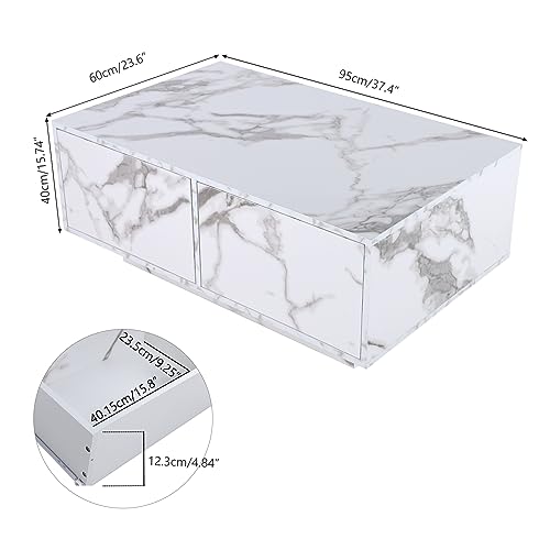 St.Mandyu LED Coffee Table with Storage Drawers,Modern High Glossy Center Table with 20 Colors LED Lights for Living Room (White Marble)