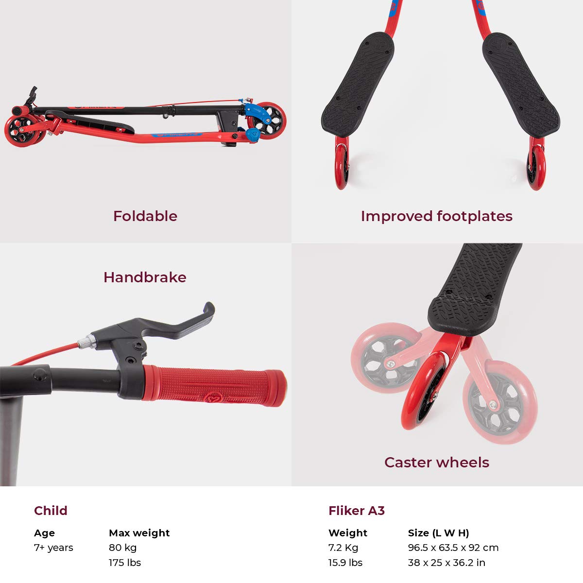 Yvolution Y Fliker Air A3 Scooter 3 Wheels Foldale Wiggle Scooter Self-Propelling Drifting Scooter for Boys and Girls Age 7+ Years (Red), Medium