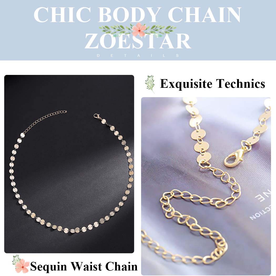 Zoestar Sequin Bikini Body Chain Beach Gold Waist Chain Body Jewelry for Women (1PC)