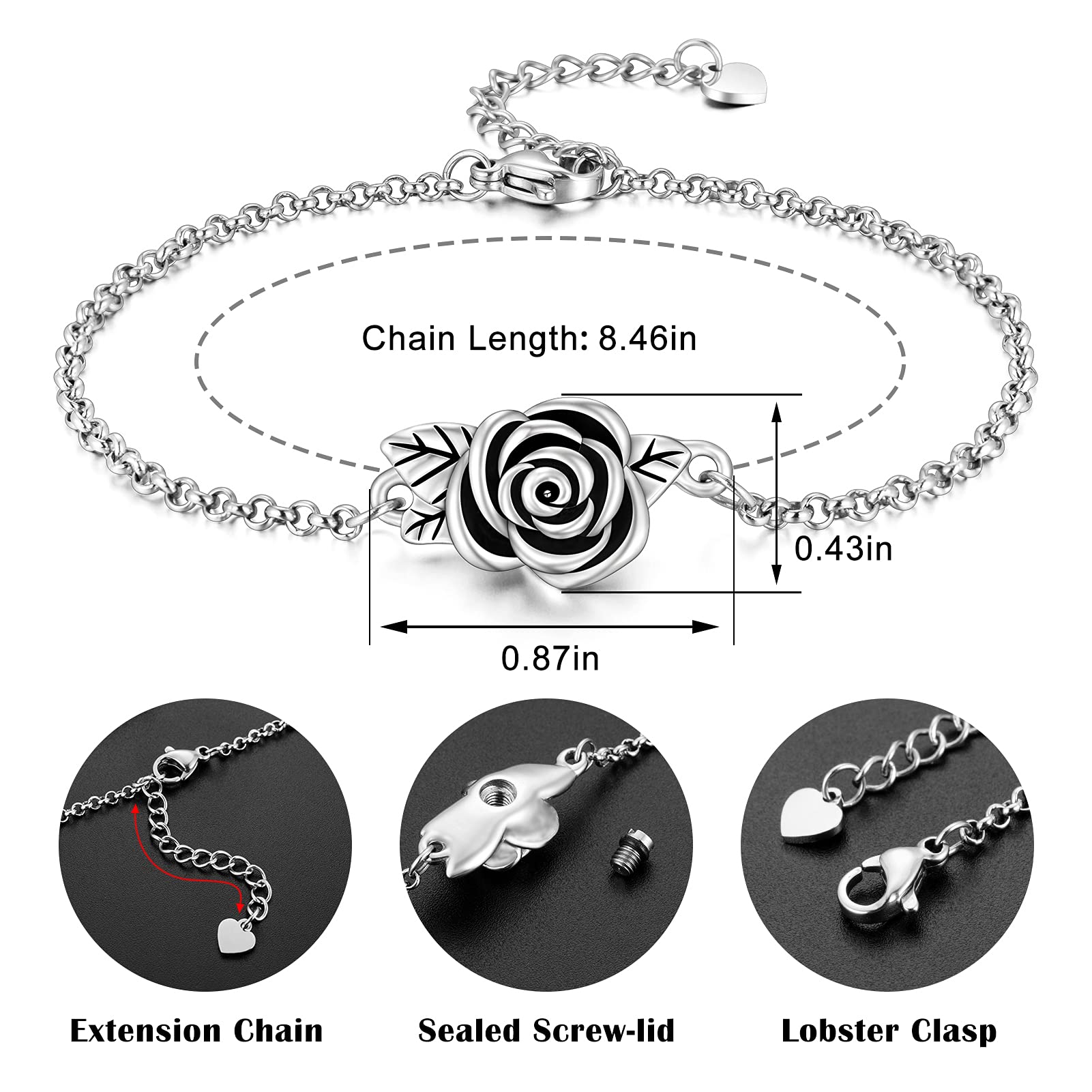 XIUDA Urn Bracelet for Ashes Rose Ashes Bracelet for Women Cremation Bracelet Ashes Holder Bangle Link Chain