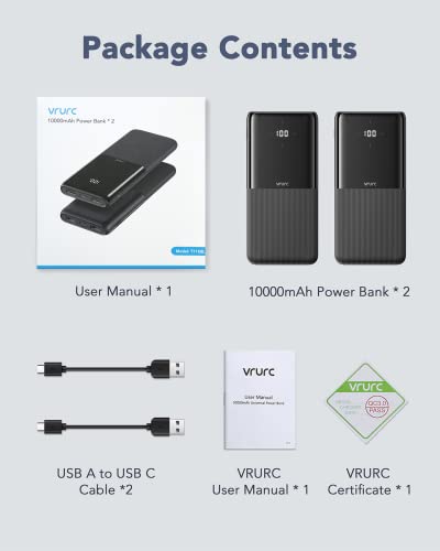 VRURC Portable Charger 2-Pack, 3A USB C Fast Charging Power Bank LED Display, Slim Battery Pack for iPhone 15 14 12 11 X 8 7 Samsung S21 S20 Google LG OnePlus, Black