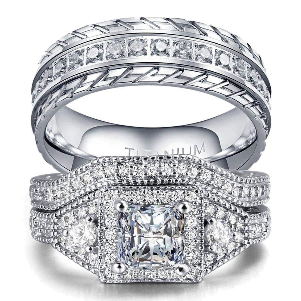 Two Rings His Hers Wedding Ring Sets Couples Matching Rings Women's 2pc White Gold Filled Square CZ Wedding Engagement Ring Bridal Sets & Men's Titanium Wedding Band