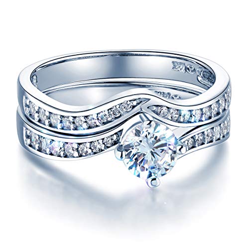 Wellingsale Ladies Solid 14k White Gold Polished CZ Cubic Zirconia Round Cut Engagement Ring with Side Stones and Wedding Band Bridal Set - Size 4