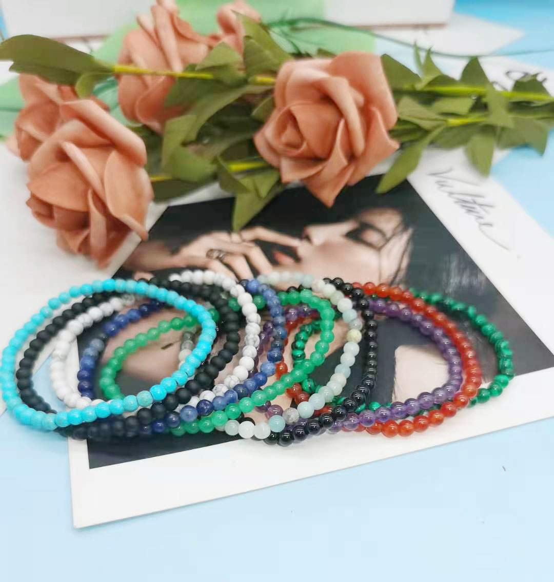 WAINIS 10 Pcs 4MM Mini Semi Precious Gemstone Energy Bracelets for Women Tiny Bracelet Stone Statement Bracelet Charm Beaded Couples Bracelets