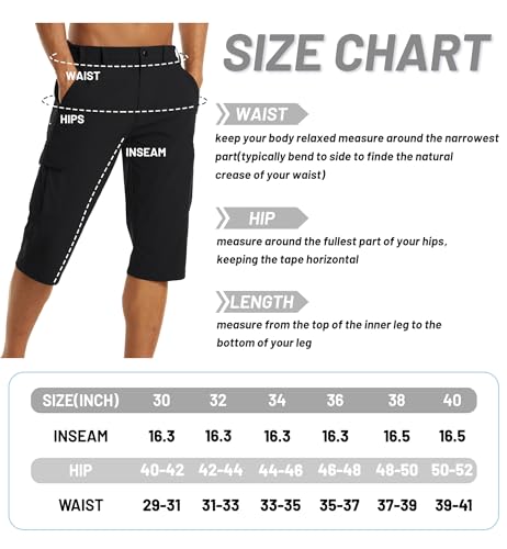 TACVASEN Capri Pants for Men Black Cargo Shorts Men Outdoor Quick Dry Shorts for Men Water-Resistant Workout Shorts with Zipper Pockets