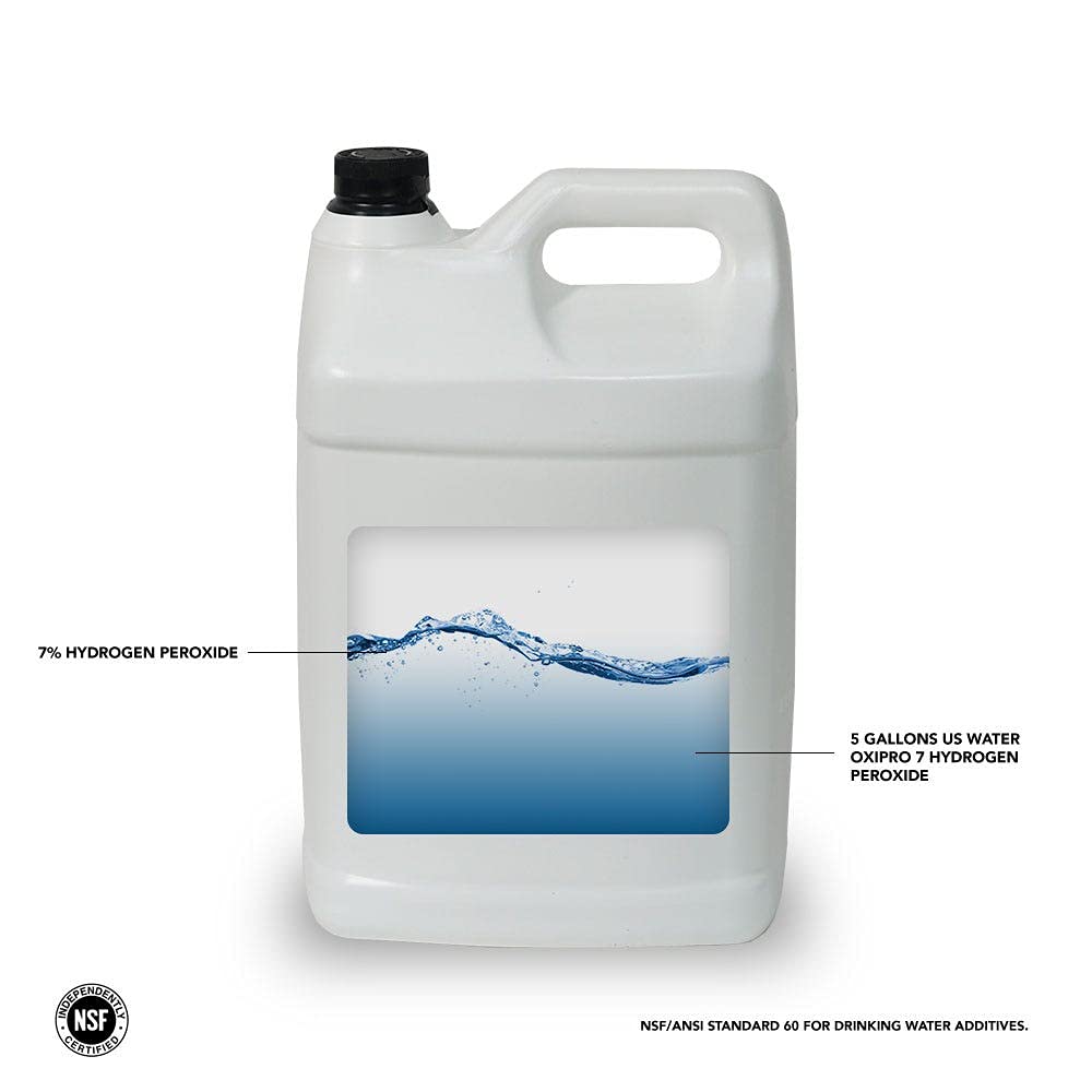 US Water OxiPro-7 Hydrogen Peroxide Blend - 2.5 Gallon Bottles (2), Professional Grade Oxidizer, Removes Rotten Egg Smell & Pollutants from Water, NSF Certified