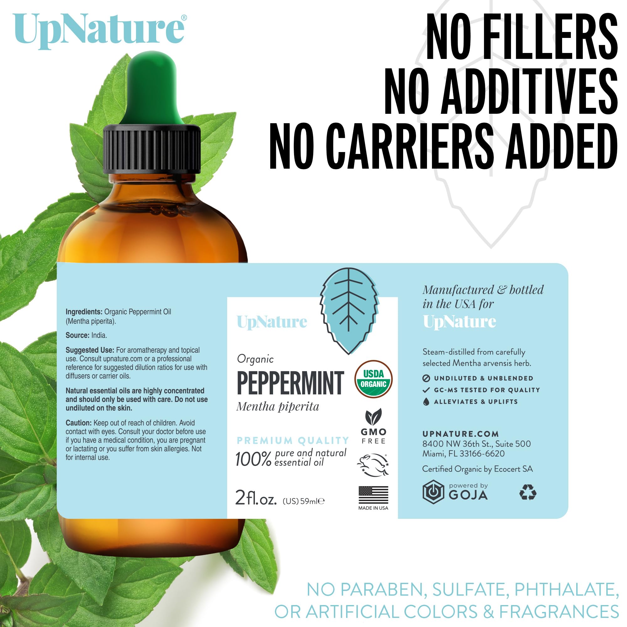 UpNature USDA Certified Organic Peppermint Essential Oil - 2oz –100% Natural & Pure Peppermint Oil, Aromatherapy Oil