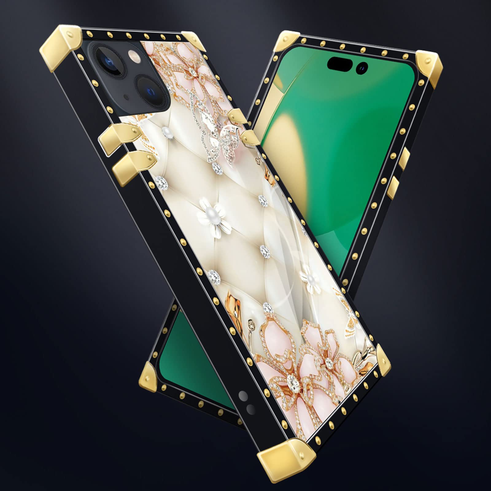 Toulas Case Compatible with iPhone 14 Plus Case,Golden Butterfly Flower Diamond Cases Luxury Gold Decorative Square Soft TPU Anti Scratch Drop Protection Hard PC Back for iPhone 14 Plus