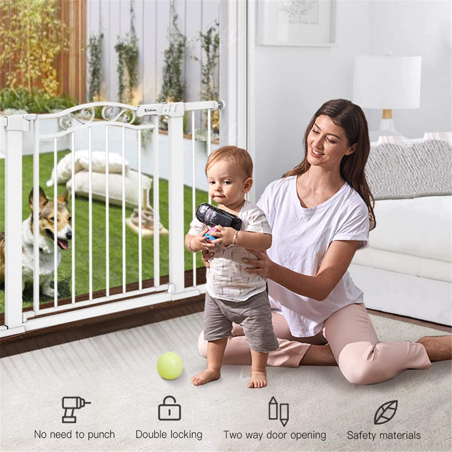 Tokkidas 40.6"-29.5" Auto Close Safety Baby Gate, Dog Gate, Durable Easy Walk Thru Child Gate for Stairs, Doorways, House, Includes 2.75" & 5.5" Extension, Pressure Mounted, NO Drilling, Arched White