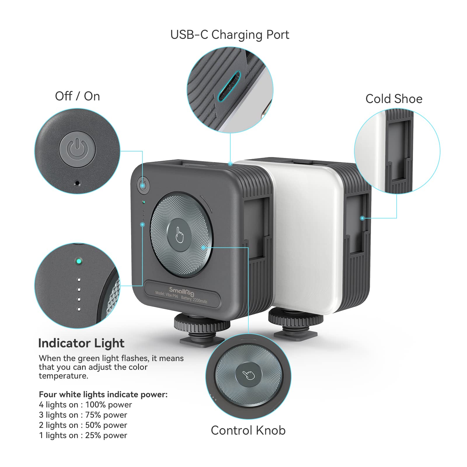 SmallRig P96 LED Video Light, Portable Camera Lights, 96 LED Beads for Photography Video Lighting, Rechargeable 2200mAh CRI 95+ 2700-6500K w 3 Cold Shoe 3286B