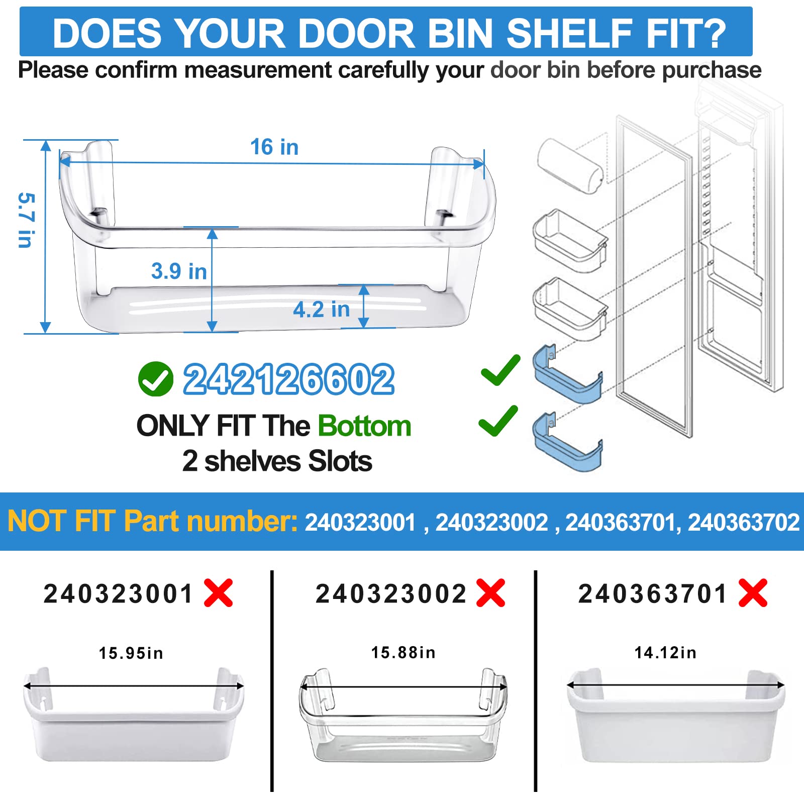 UPGRADED 242126602 Refrigerator Door Bin Shelf Replacement For Frigidaire Refrigerator Door Shelf Bin - Side Shelf Rack Parts AP6278233 PS12364199 4547407, FIT Bottom 2 Replacement Shelves