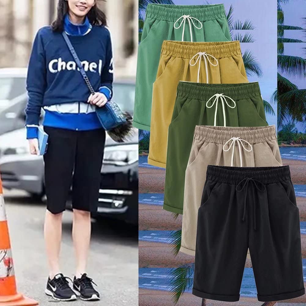 XinYangNi Women's Casual Cotton Fit Curled Cuffs Summer Elastic Waist and Drawstring Hiking Shorts Army Green US 4-6