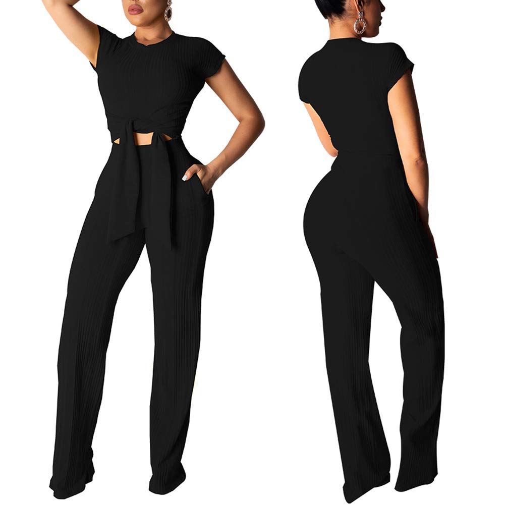 Women's 2 Piece Outfits Short Sleeve Crop Top High Waist Wide Leg Pants Set Sweater Jumpsuits Black S
