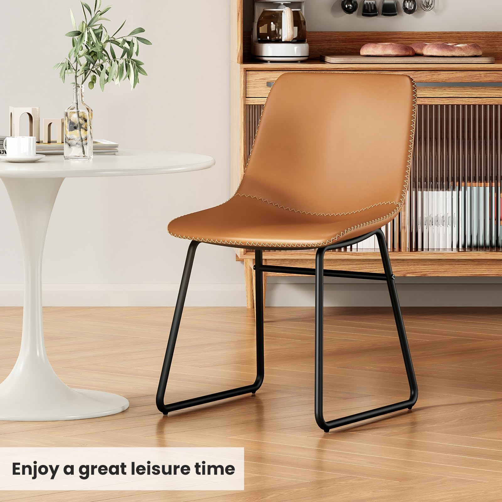 Soohow Set of 2, Kitchen Room Mid Century Midcentury Modern Faux Leather Comfortable, Home, Bistro Coffee Shop, Dining Chairs 4 PCS, Whiskey Brown