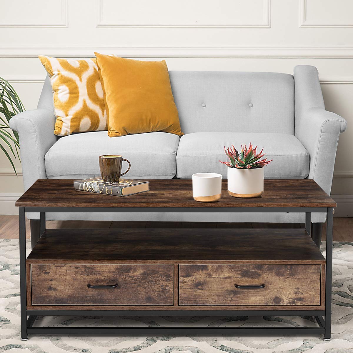 YOLENY 43" Industrial Coffee Table,Accent Cocktail Table with Storage Shelf,2 Drawers Solid Wood and Metal Frame Legs,for Living Room