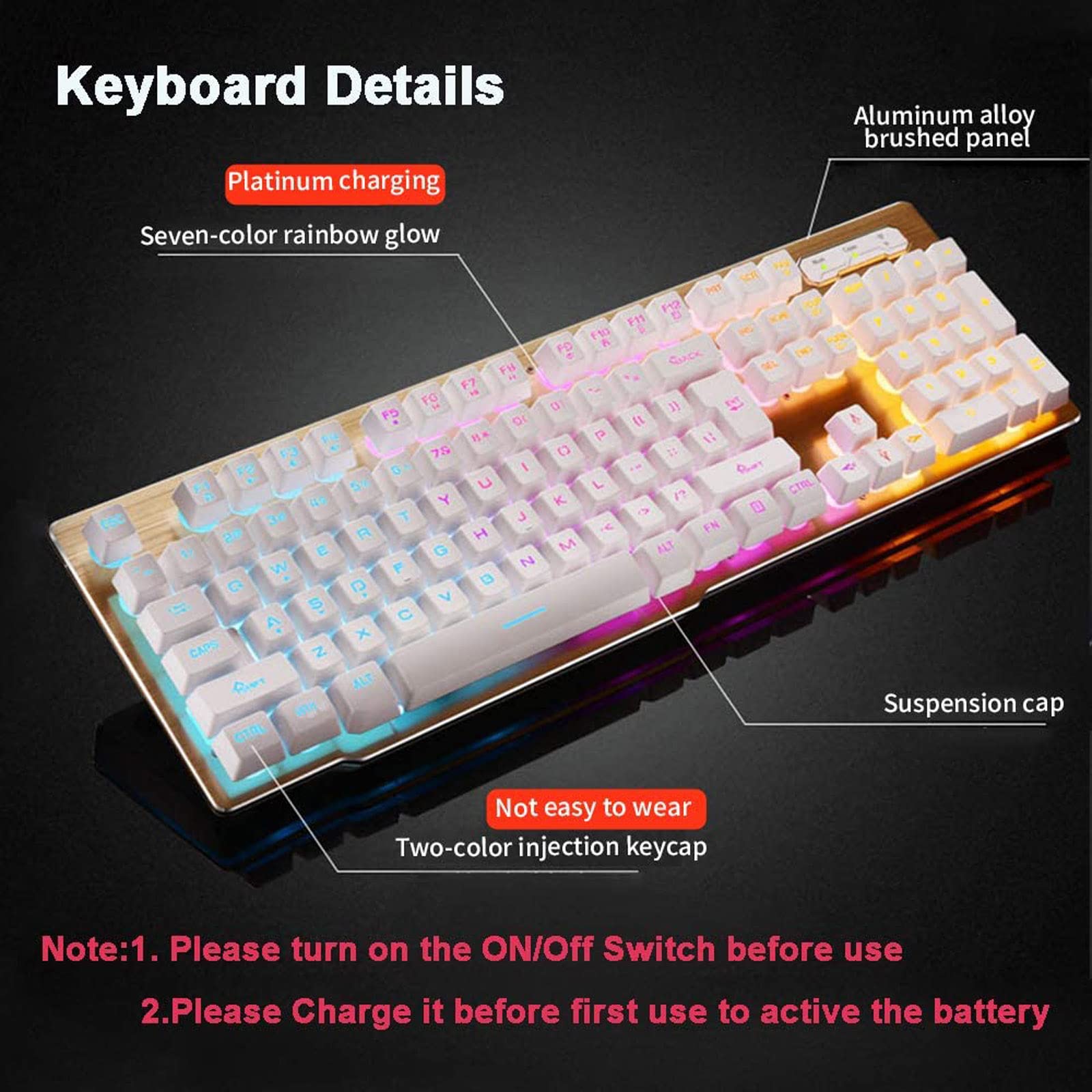 Rechargeable Keyboard and Mouse,Suspended Keycap Mechanical Feel Backlit Gaming Keyboard Mouse Set-Wireless 2.4G Drive Free,Adjustable Breathing Lamp,Anti-ghosting,12 Multimedia Keys (White-Combo)