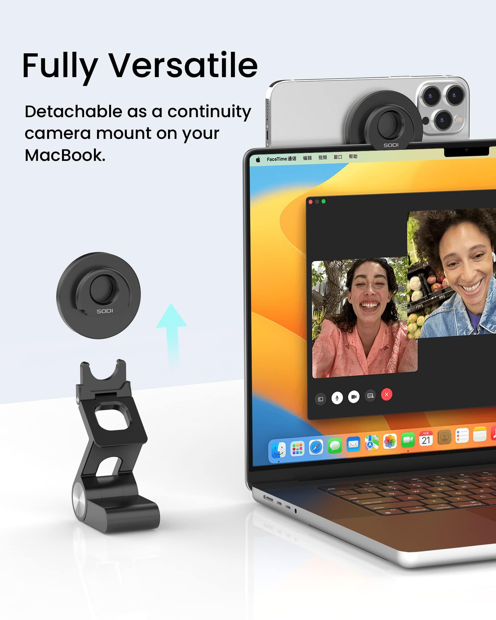 SODI Continuity Camera Mount for Desktop Monitor & iMac - iPhone Webcam Mount for MacBook with Mag-Safe Compatible, Tilt for Desk View, Magnetic Phone Stand for iPhone 15/14/13/12, Mac OS Ventura