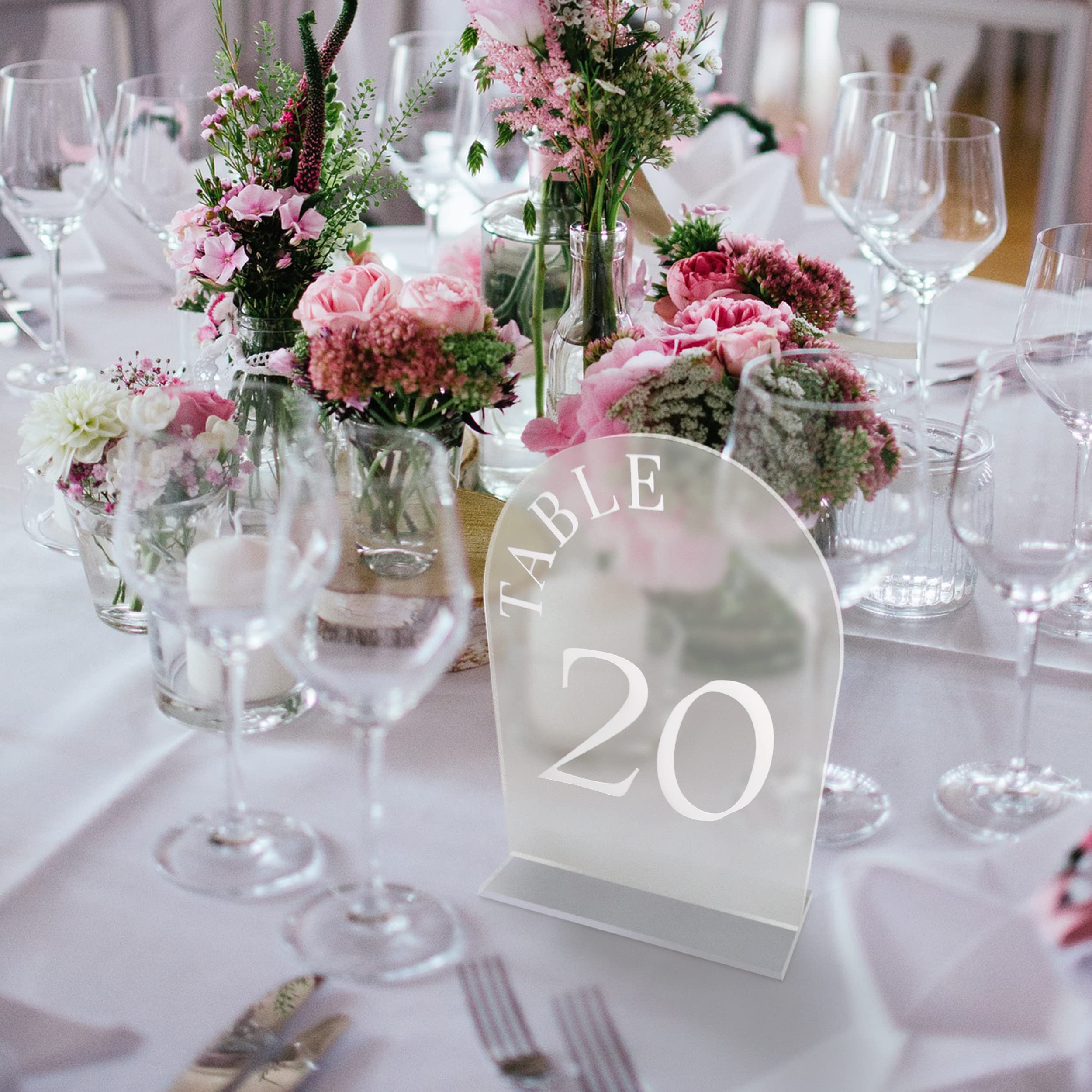 Table Numbers 1-20 with Display Stand, Acrylic Sheets with White Printed Calligraphy Number and Frosted, Arch Shape Design for Party Decor, Wedding Reception, Anniversary, & Other Event Guest Seating