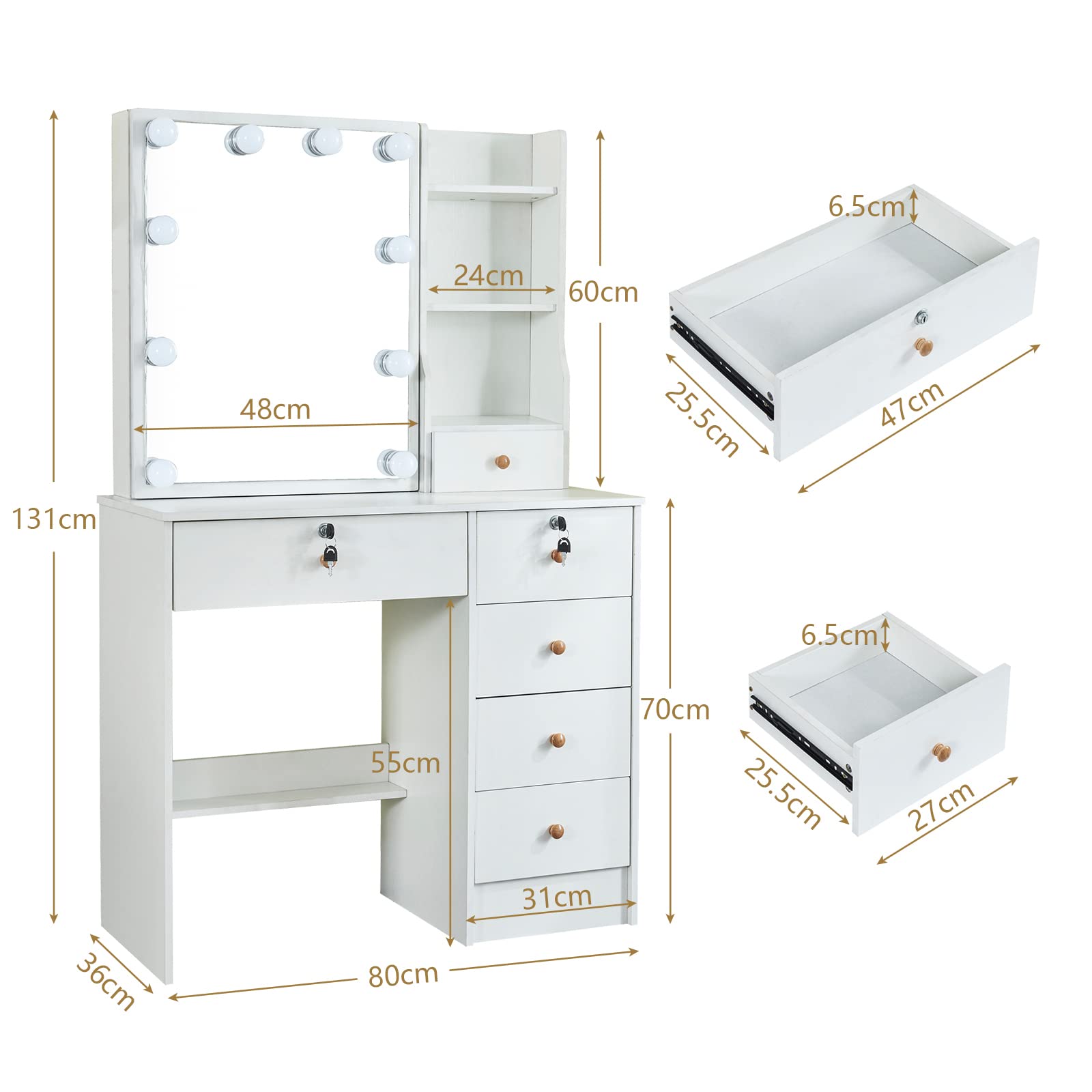 Vanity Desk, Makeup Vanity Dressing Table with Mirror and 3 Lighting Modes Brightness Adjustable, Bedroom Set with Drawers, Shelves for Women, Girls