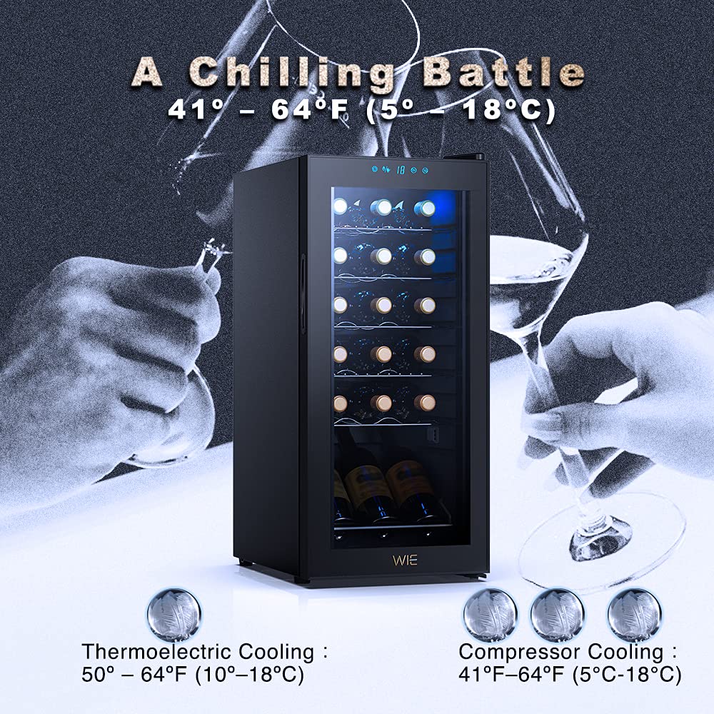 WIE Wine Cooler 18 Bottle Refrigerator Wine Fridge Compressor for Home Freestanding Wine Cellars White Red Digital Control Auto-Defrost Double-layer Glass Door 41°F-64°F Cooling Wine Refrigerator