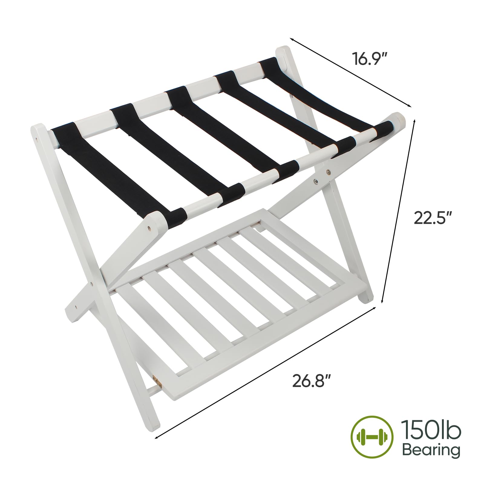 Smart FENDEE Fully Assembled White Bamboo Luggage Rack, 5 Straps Folding Suitcase Stand with Shoe Shelf, Heavy Duty Wood Large Luggage Holders for Guest Room, Bedroom, Hotel