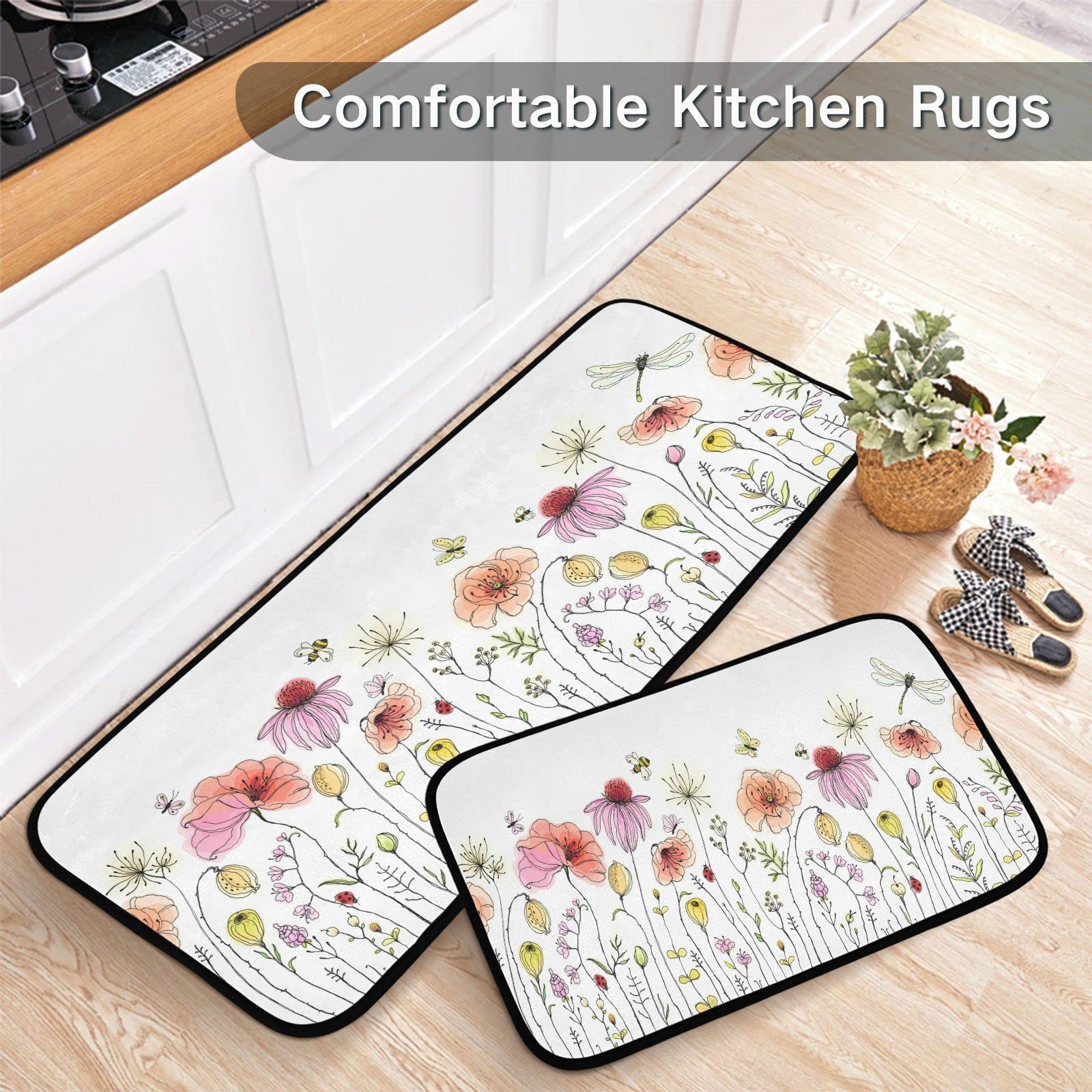 xigua 2 Piece Colorful Wildflowers Anti-Fatigue Kitchen Rug, Waterproof Non-Slip Kitchen Mats and Comfort Elastic Cotton Interlayer Rug for Kitchen, Floor Home, Office, Sink, Laundry