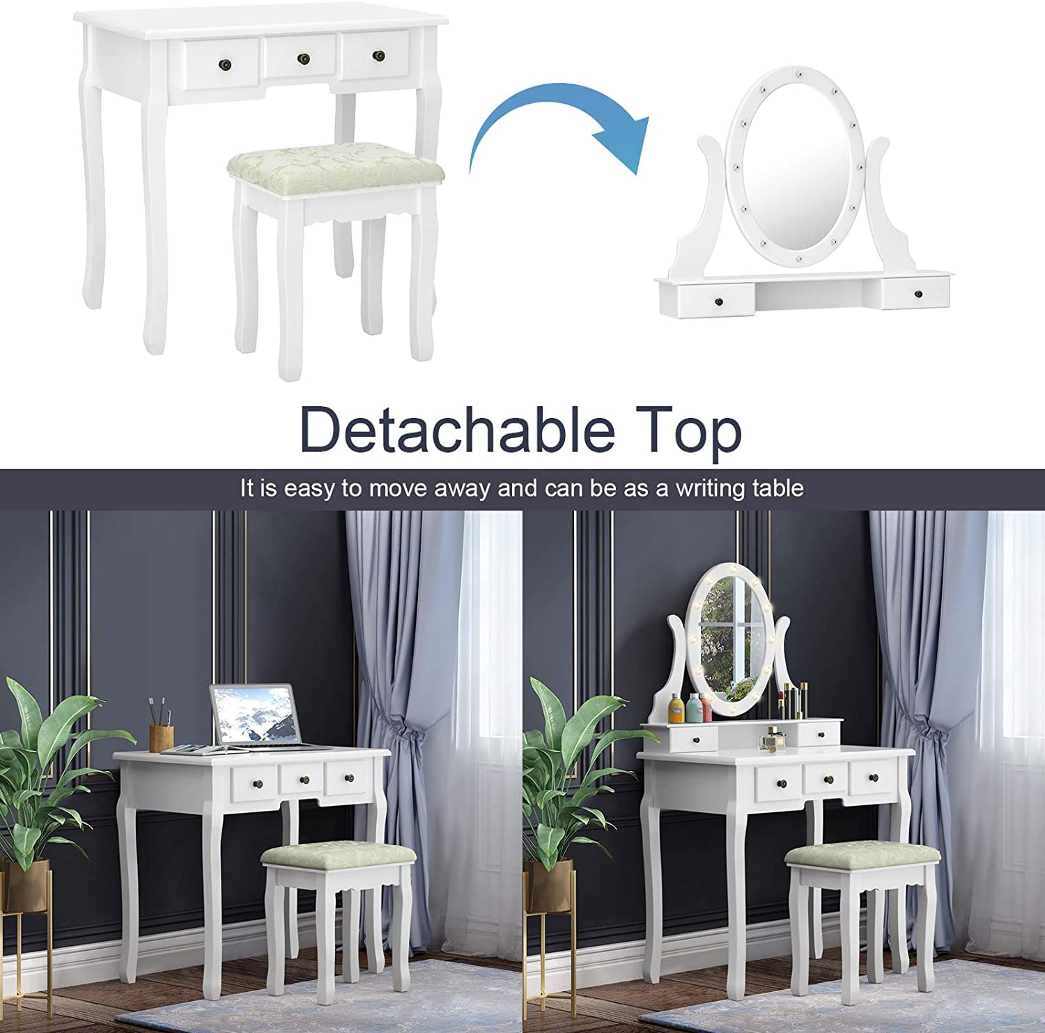 Vanity Set Cushioned Stool, 360° Spinning Oval Mirror Makeup Dressing Table with 12 LED Lights, Removable Top, 5 Storage Drawers, for Bedroom Bathroom, White