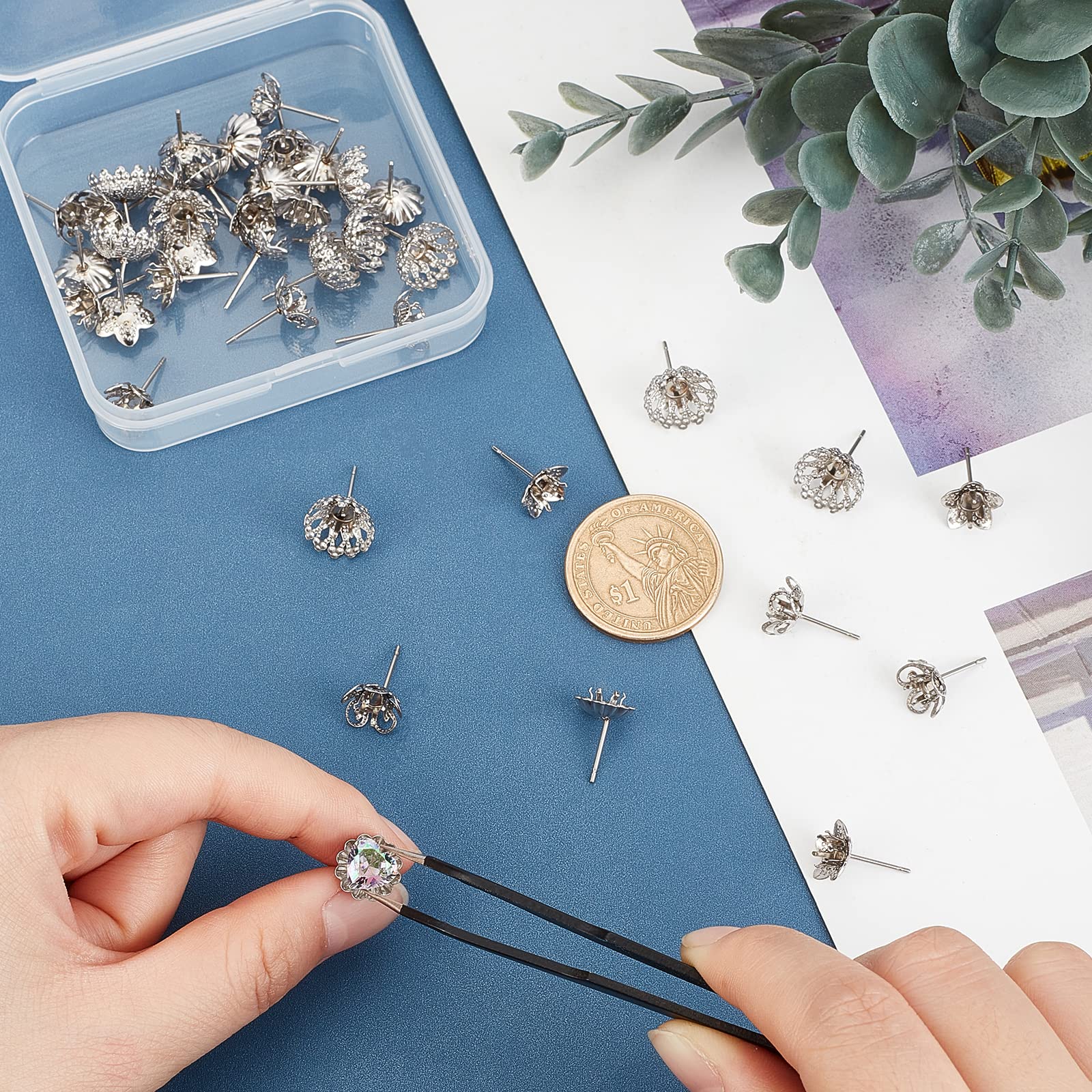 UNICRAFTALE 40Pcs 4 Style Flower Stud Earring Findings 304 Stainless Steel Stud Stud Earring Settings for Rhinestone Earring Posts Rhinestone Bezel for DIY Stud Earring Making