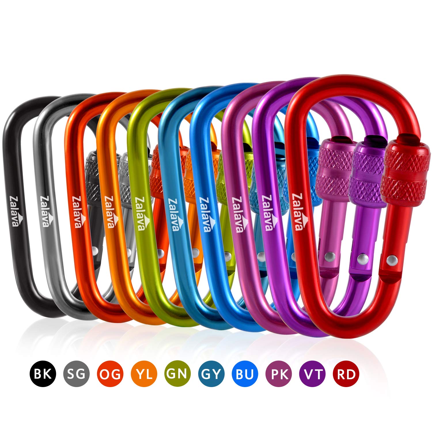 Zalava 2" 10 pcs D-Clip Durable Locking Carabiner Clips Keychain Clip, Spring-Loaded Aluminum Keychain Clip Hook, Screwgate Locking Carabiner Clip Outdoor, Indoor, or Dog Leash Round