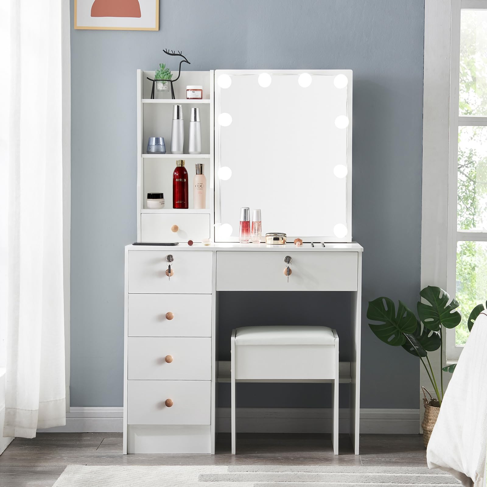 Vanity Table with Mirror and Lights, Makeup Dressing Table with Chair and 6 Drawer for Girls, Adjustable Brightness and Mode, Modern Vanity with Hidden Storage by Jingooo, White