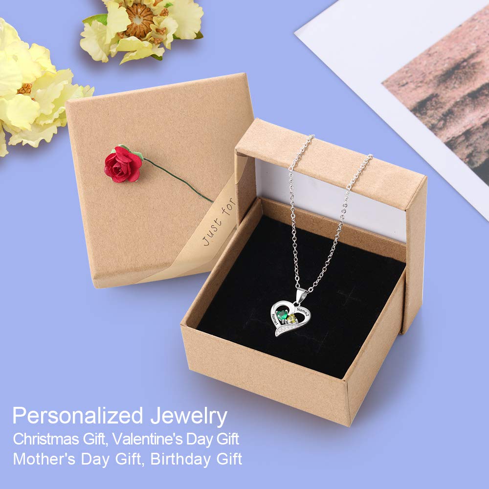 Sterling Silver Personalized 2 Names Necklace with 2 Heart Simulated Birthstone Couple Pendant Necklace for Women (Silver)