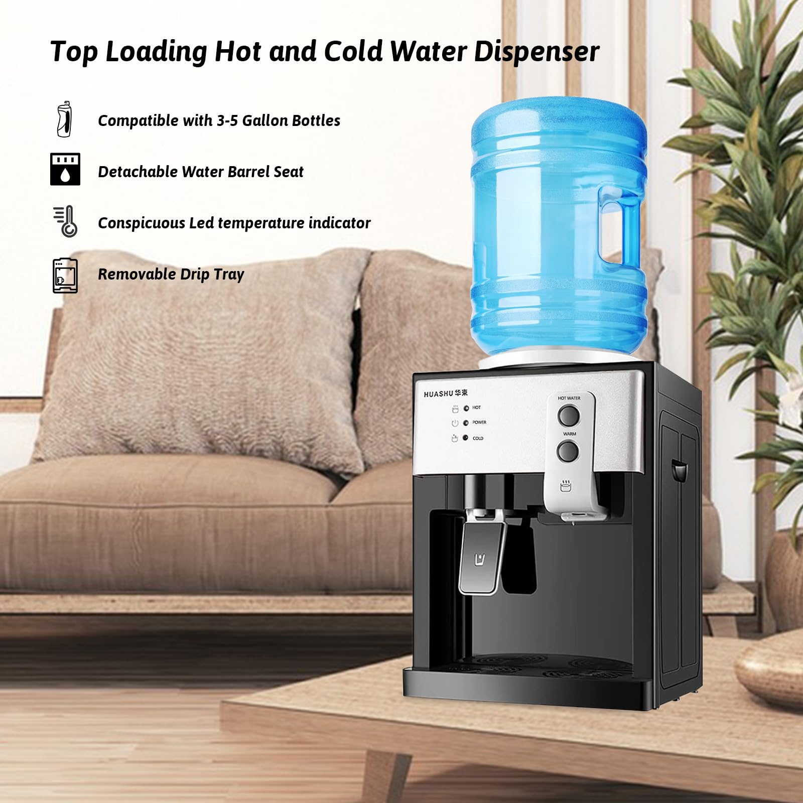 Top Loading Water Cooler Dispenser, 5 Gallon Water Dispenser w/ 3 Temperature Setting, Hot & Cold Water Dispenser for Home, Office & Dormitory (White)