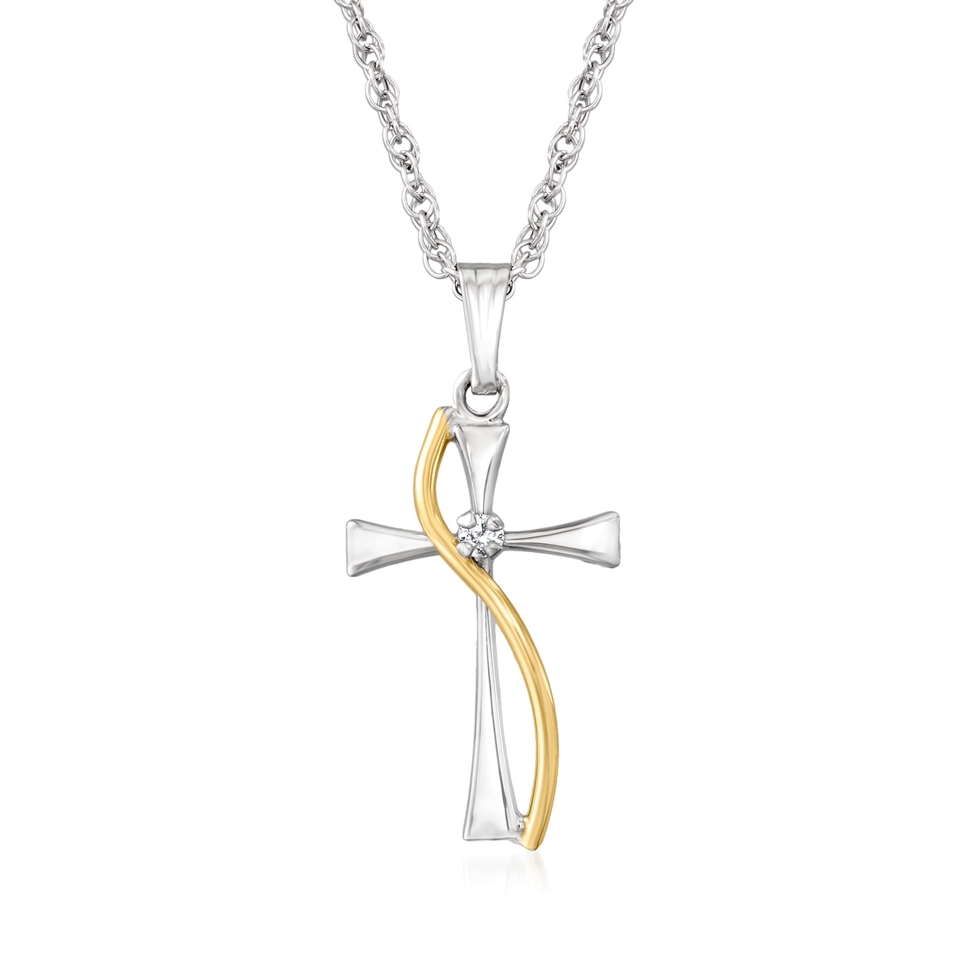 Sterling Silver and 14kt Yellow Gold Cross Pendant Necklace With Diamond Accent. 18 inches