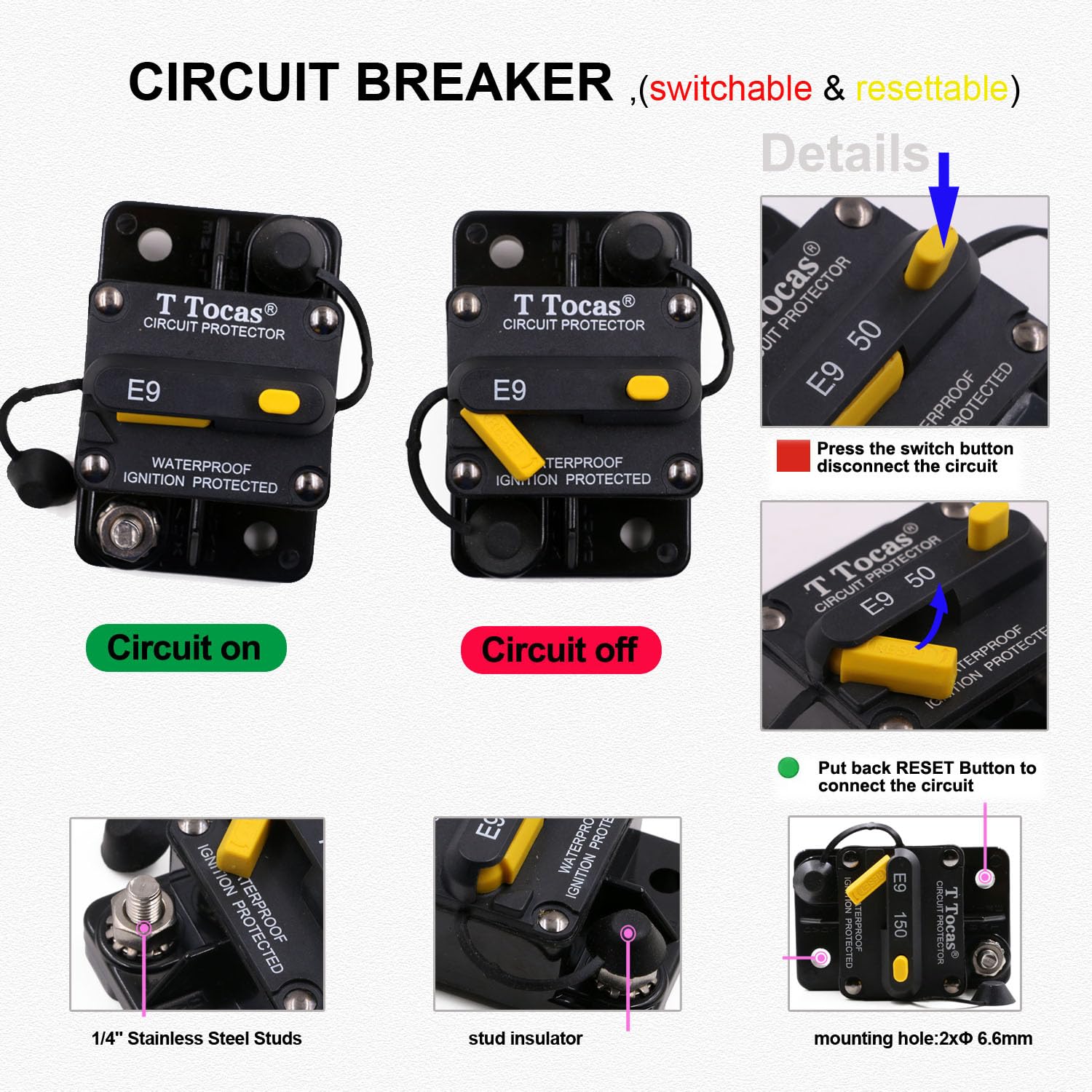 T Tocas 150A Amp Circuit Breaker for Boat Trolling Motor Marine ATV Vehicles Stereo Audio Battery Solar System Inline Fuse with Manual Reset Switcher Waterproof DC 12V-48V