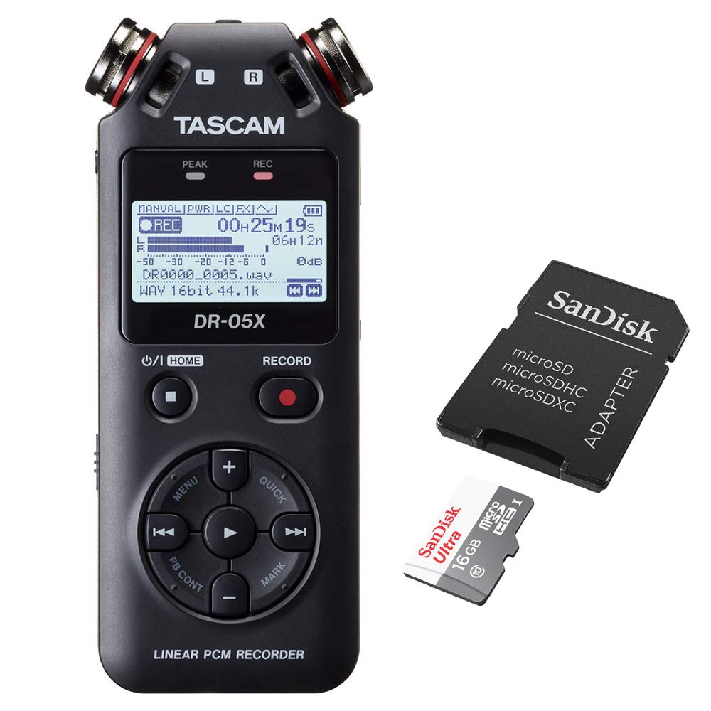 Tascam DR-05X 2-Input / 2-Track Portable Audio Recorder with Onboard Stereo Microphone & 16GB microSDHC Memory Card w/SD Adapter Bundle