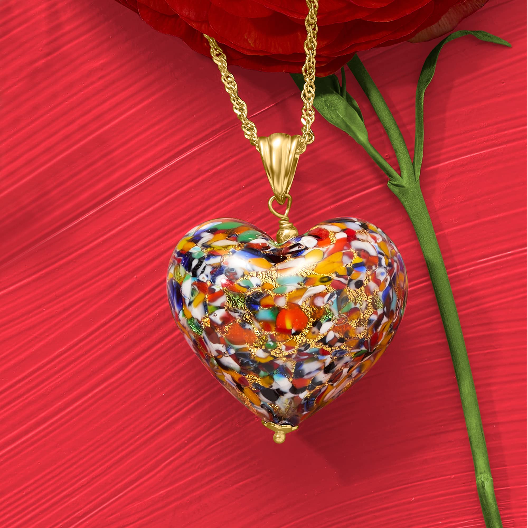 Ross-Simons Italian Multicolored Murano Glass Heart Pendant in 18kt Gold Over Sterling
