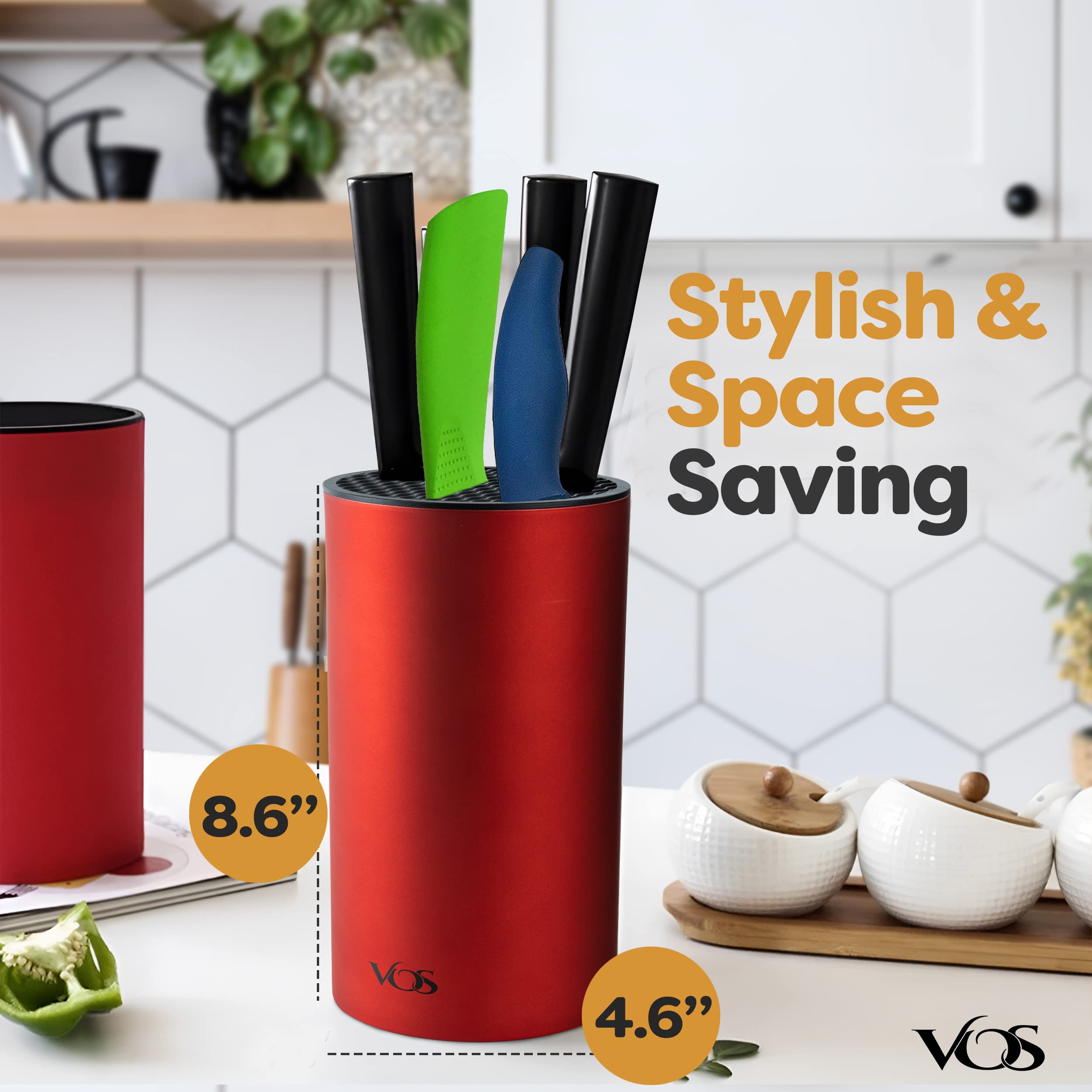 Vos Universal Knife Block and Ceramic Kitchen Knives With Peeler, Ceramic Paring Knife 4", 5", 6", 7", 8" Inch Black
