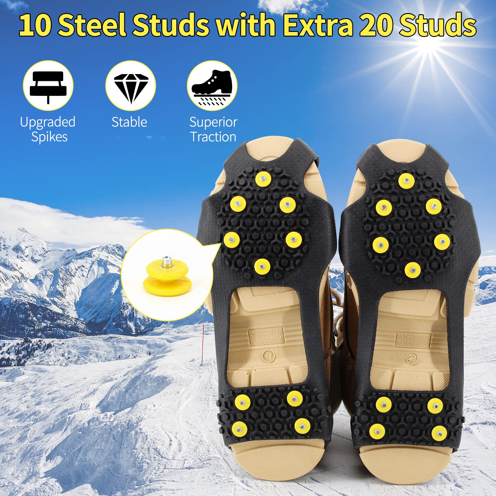 Xproutdoor Ice Cleats Snow Grips, Non-Slip Traction Crampons 10 Steel Studs with Extra 20 Replacement Studs, for Shoes/Boots, Snow Ice Walking, Small