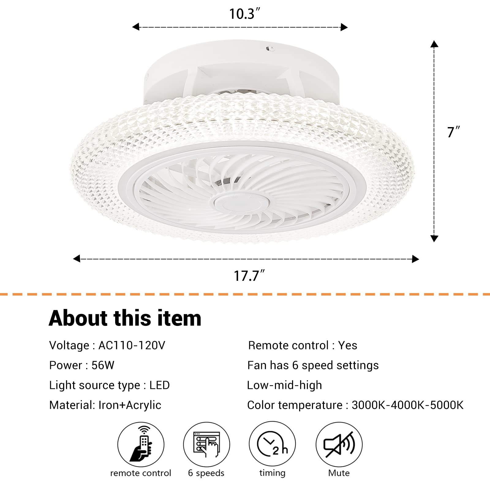 stambord Ceiling Fans with Lights Remote Control, 18”LED Ceiling Fan Modern Low Profile Ceiling Fan with Dimmable 3 Colors 6 Speeds, Enclosed Flush Mount Ceiling Fan for Bedroom, Kitchen(White)