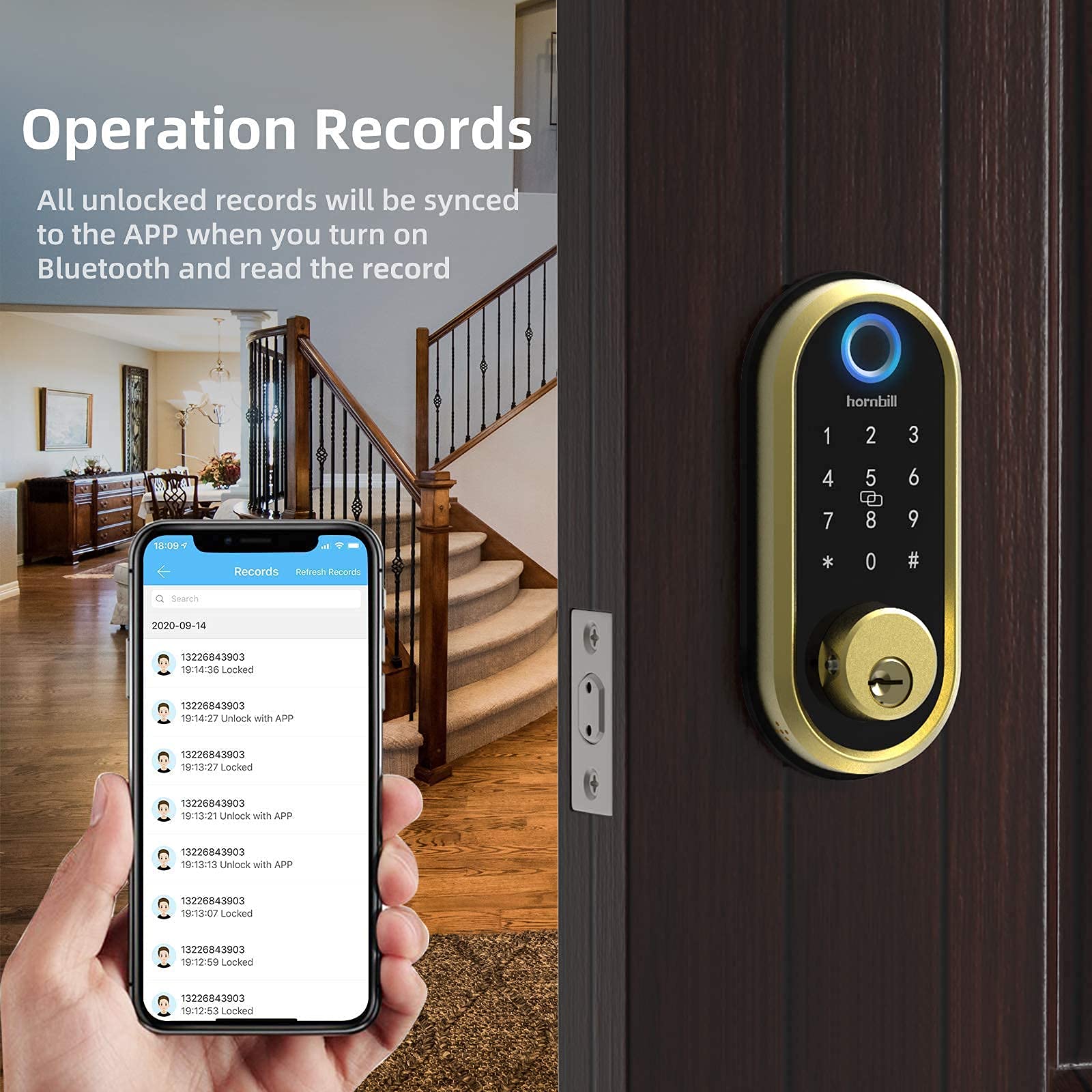 Smart Lock Deadbolt, Hornbill Fingerprint Door Lock with Keypad, Bluetooth Electronic Keyless Entry Front Door Lock, Free APP Control, Auto Lock, Code, IC Card, Digital Lock for Home Office Hotel