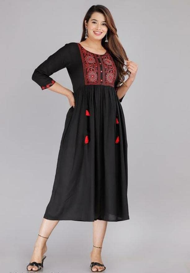 Women's Rayon Embroidery Calf Length Anarkali kurti (Black, X-Large)