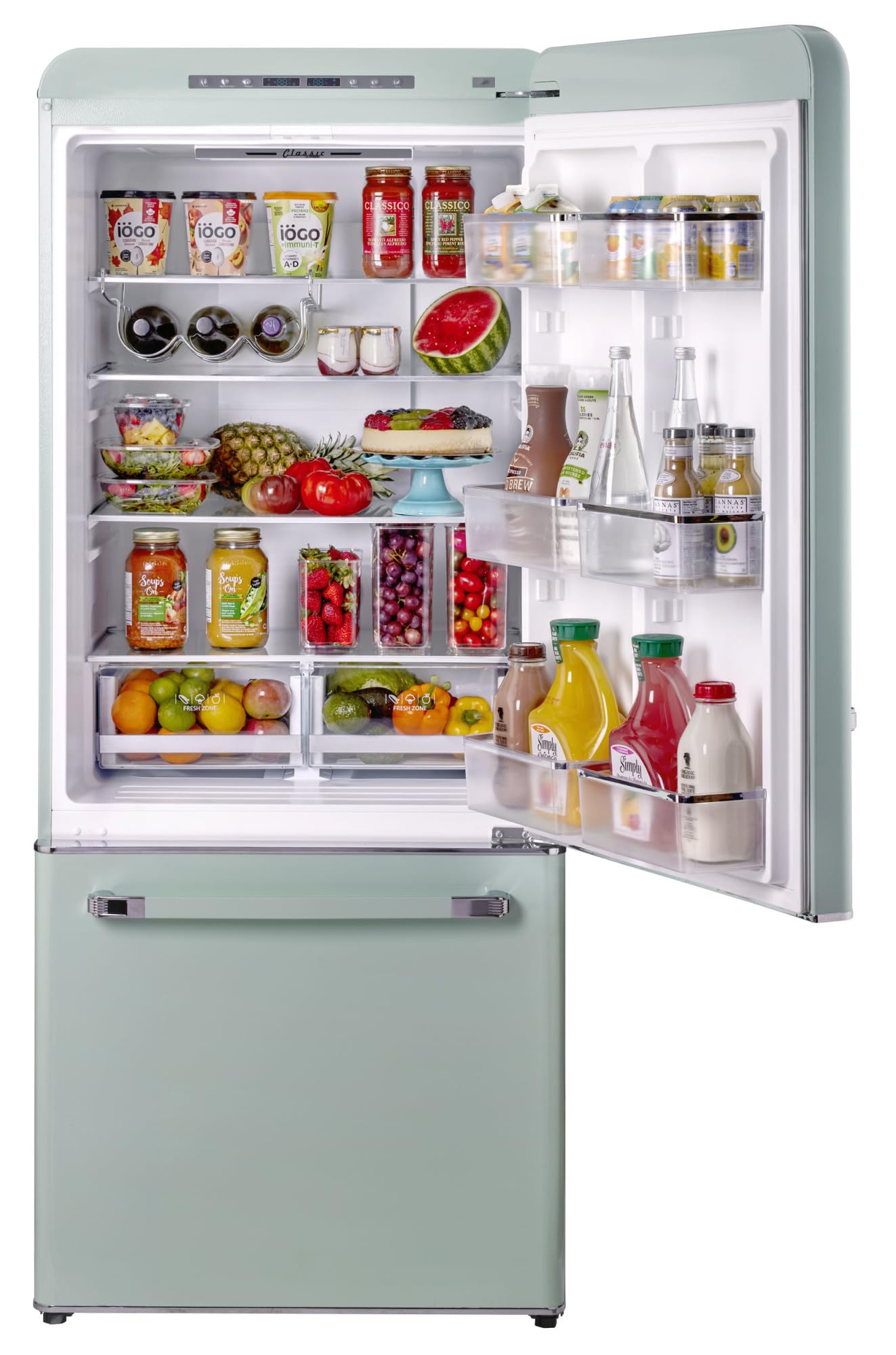 Unique Appliances UGP-510L W AC Classic Retro Electric Bottom-Mount Refrigerator, Marshmallow White; No Frost; Adjustable Glass Shelves; 18 cu. ft; Adjustable 3-bottle Wine Rack; LED Lighting
