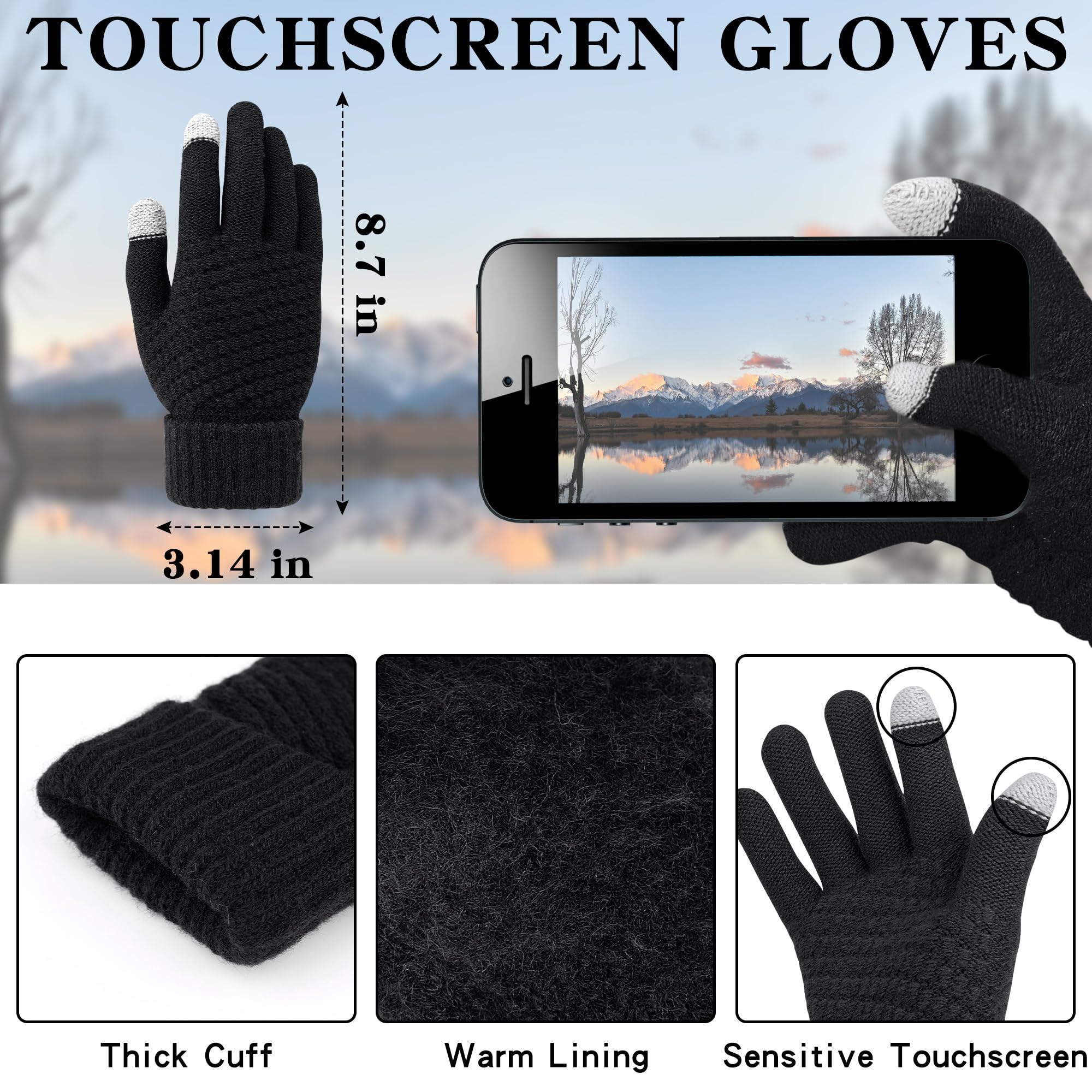 Winter Beanie Hat Scarf Gloves Set, Soft Warm Knit Hat Warm Touchscreen Gloves Neck Warmer Thick Knitted Scarves for Women Black